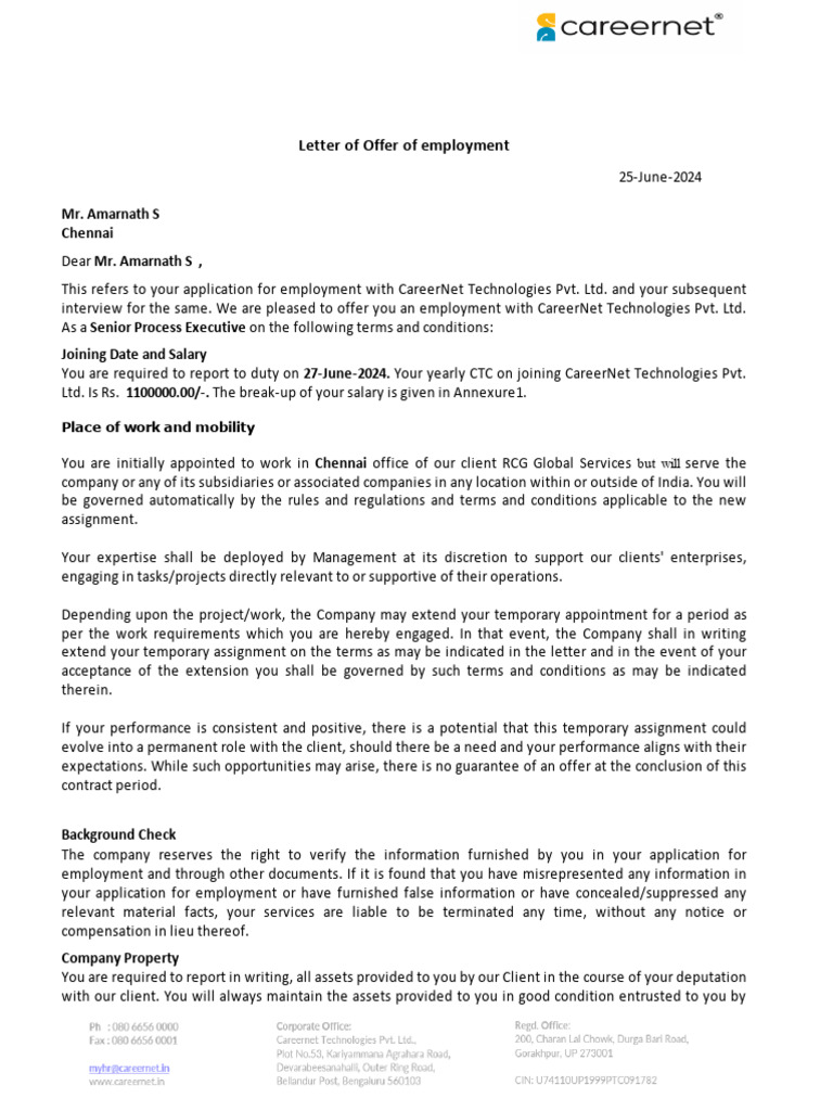 Amarnath S - Offer Letter Carriernet | PDF | Employment | Non ...