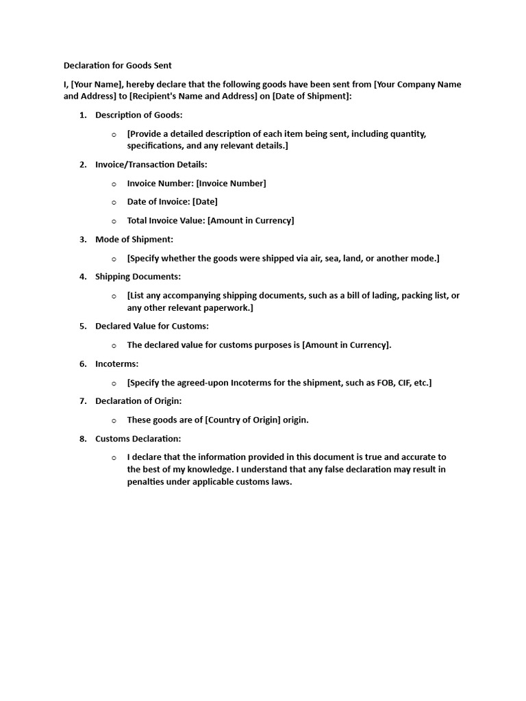 Declaration For Goods Sent | PDF