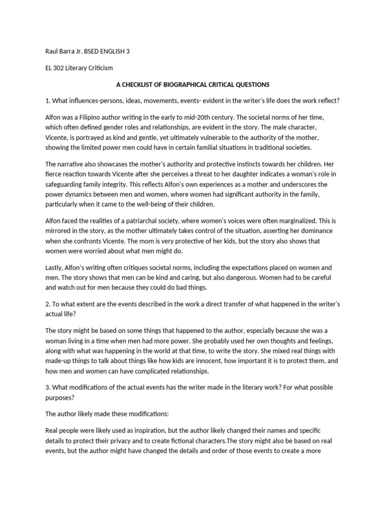 EL 302 Biographical Critical Questions | PDF | Vulnerability | Behavioural Sciences
