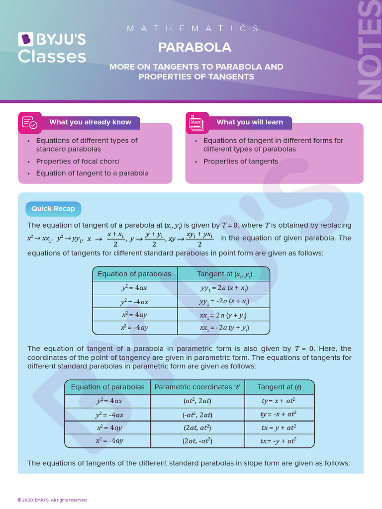 Tangents to Parabolas Explained | PDF | Perpendicular | Tangent