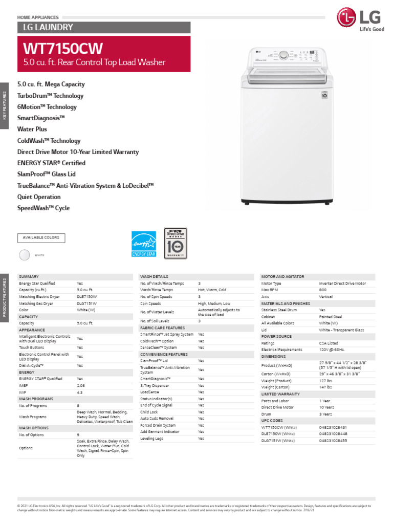 WT7150CW Spec Sheet | PDF | Washing Machine | Equipment