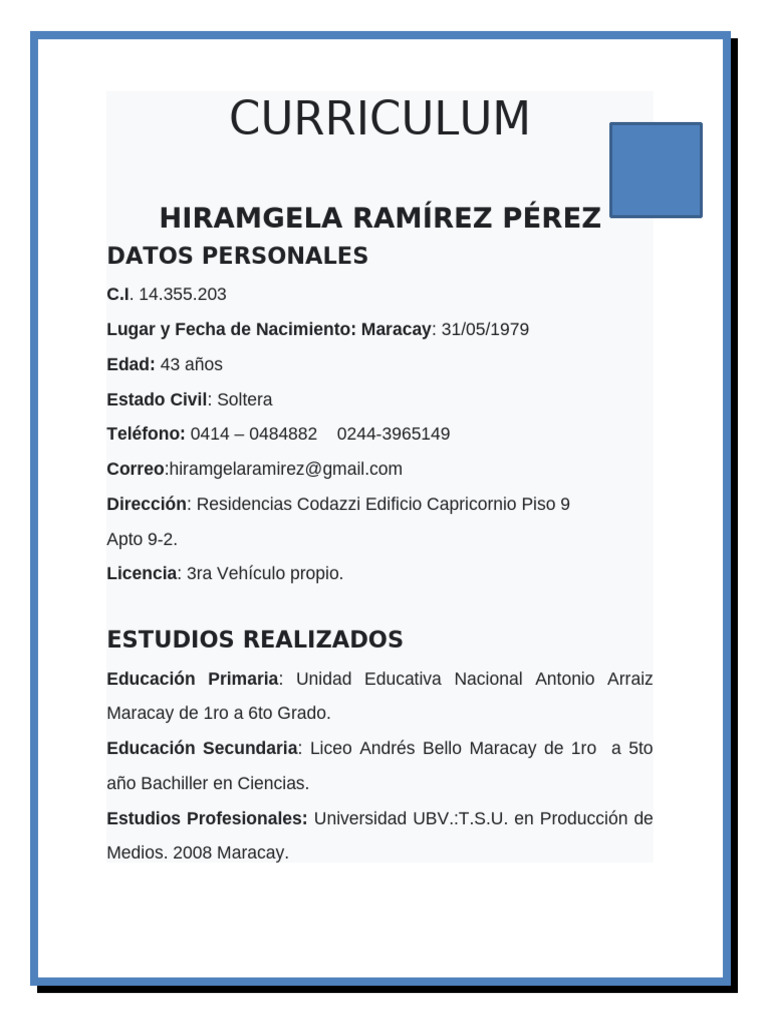 Curriculum Vitae de Hiramgela Ramírez | PDF