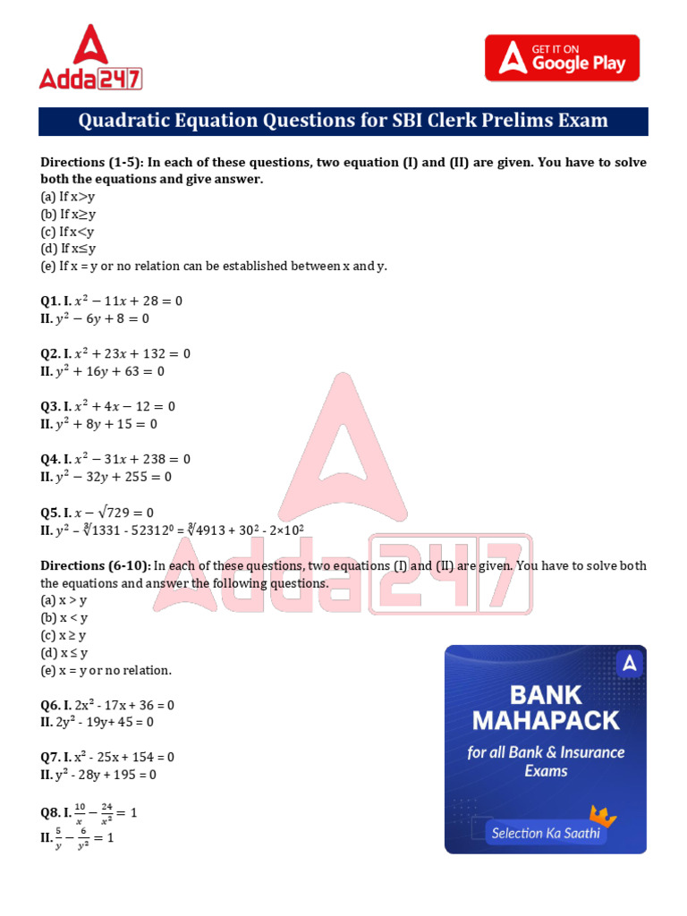 Quadratic Equation For SBI Clerk Exam - 7795 | PDF | Equations | Algebra
