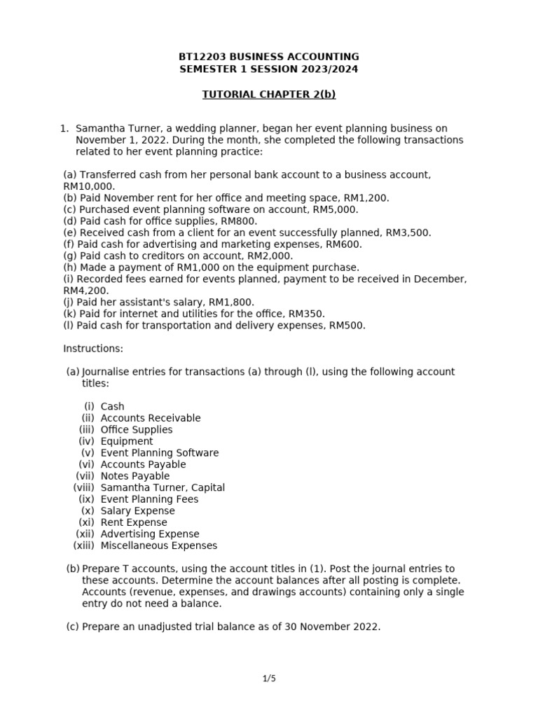 BT12203 - Tutorial Chapter 2b-2324 | PDF | Debits And Credits | Expense