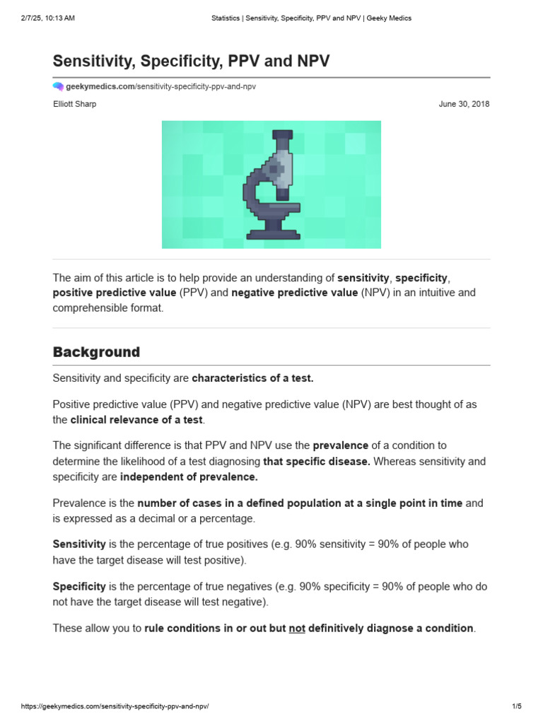 Statistics - Sensitivity, Specificity, PPV and NPV - Geeky Medics | PDF ...