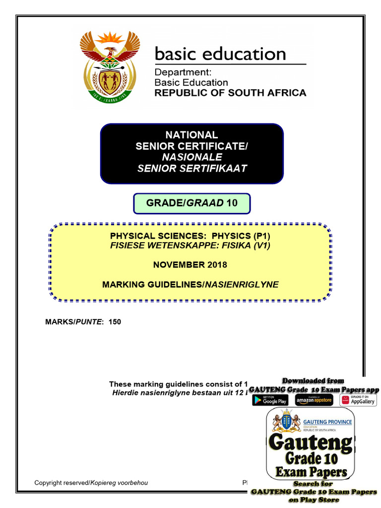 Grade 10 Provincial Exam Physical Sciences P1 (English and Afrikaans) November 2018 Possible ...