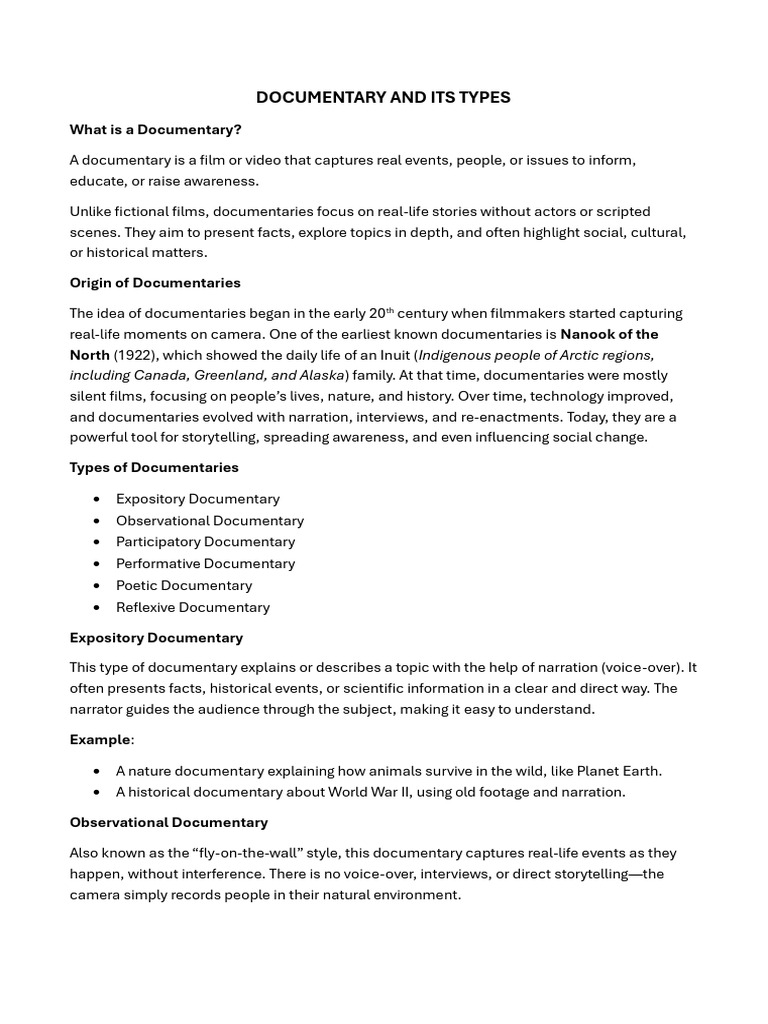Documentary Amd Its Types | PDF | Documentary Film | Filmmaking