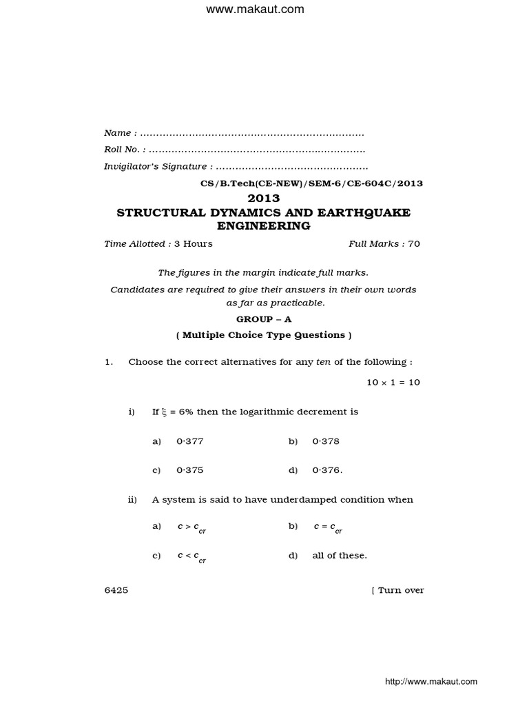 Btech Ce 6 Sem Structural Dynamics and Earthquake Engineering 2013 | PDF