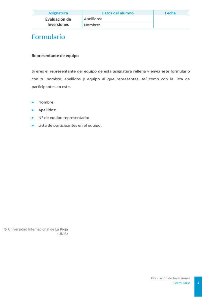 Fomulario Representante Evaluacion Inversiones | PDF