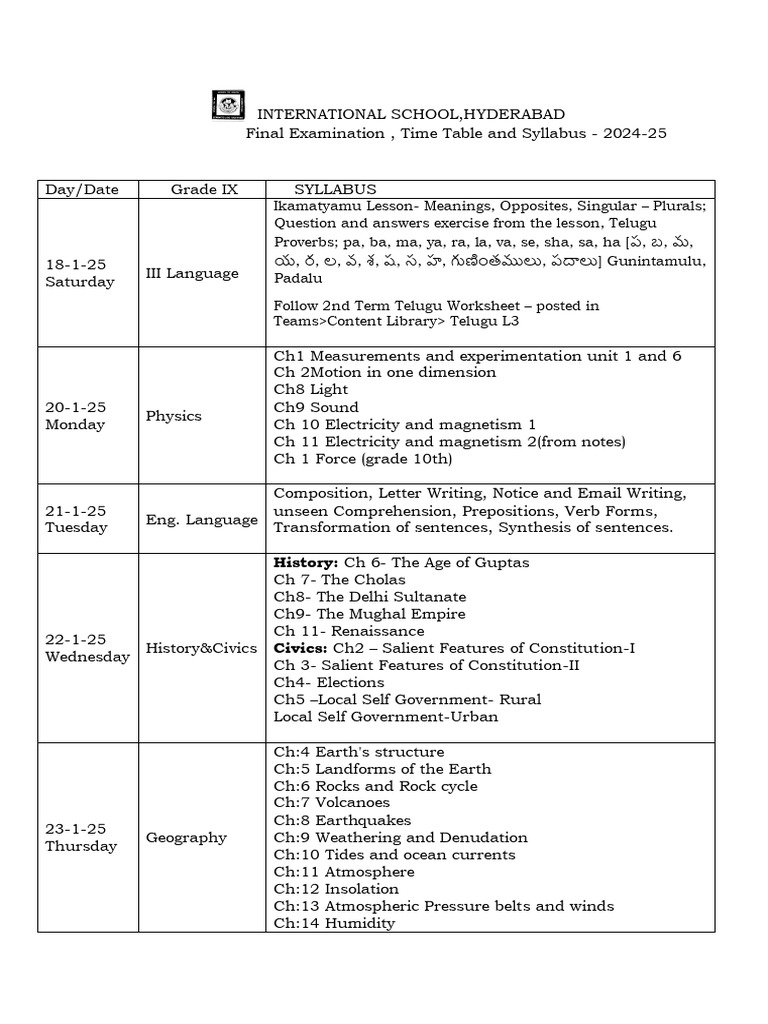 Final Exam Timetable &syllabus Grade 9 | PDF | Area | Circle