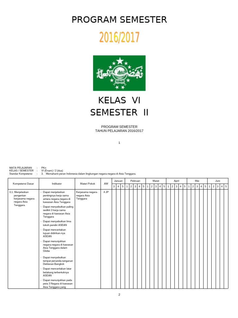 Promes Kelas Vi 2016 2017 Semester Ii | PDF