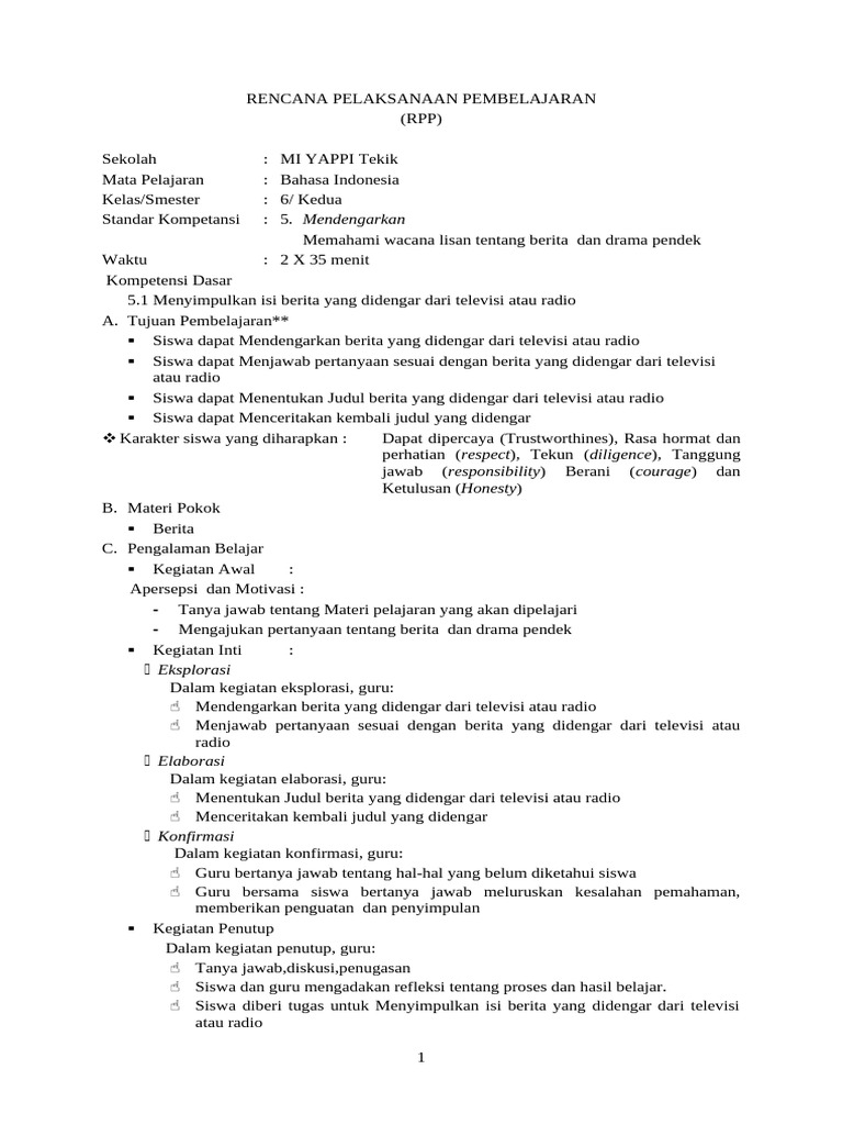 RPP Bahasa Indonesia Kelas Vi Semester Ii | PDF