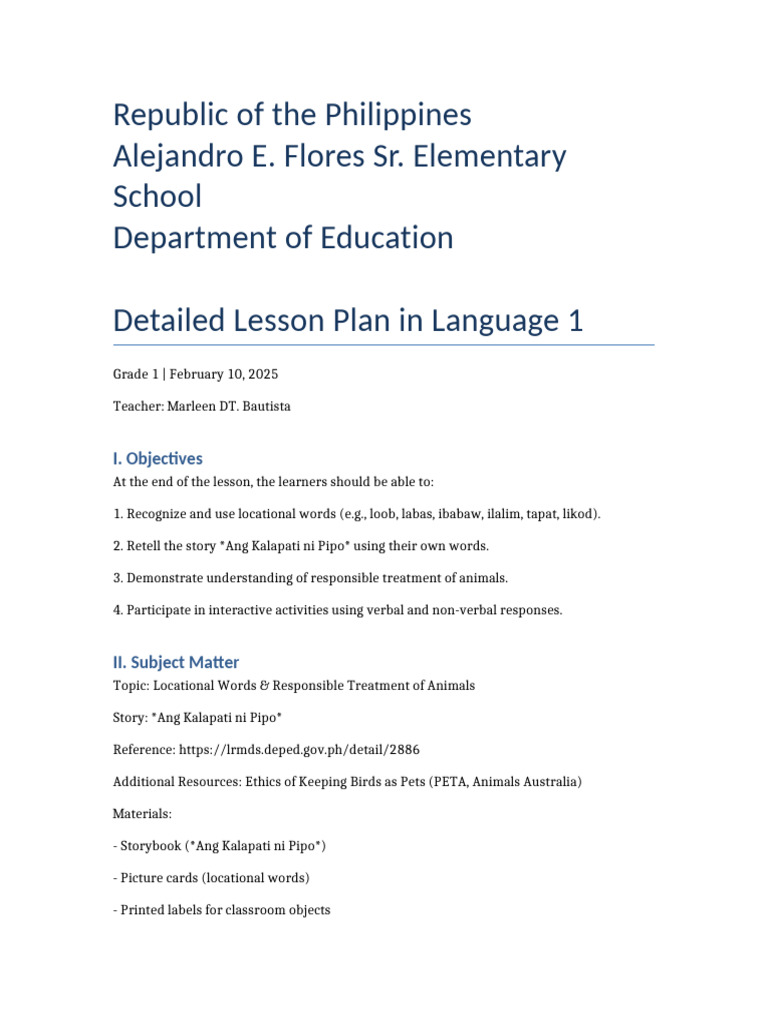 Language Lesson Plan Week1 Day1 | PDF