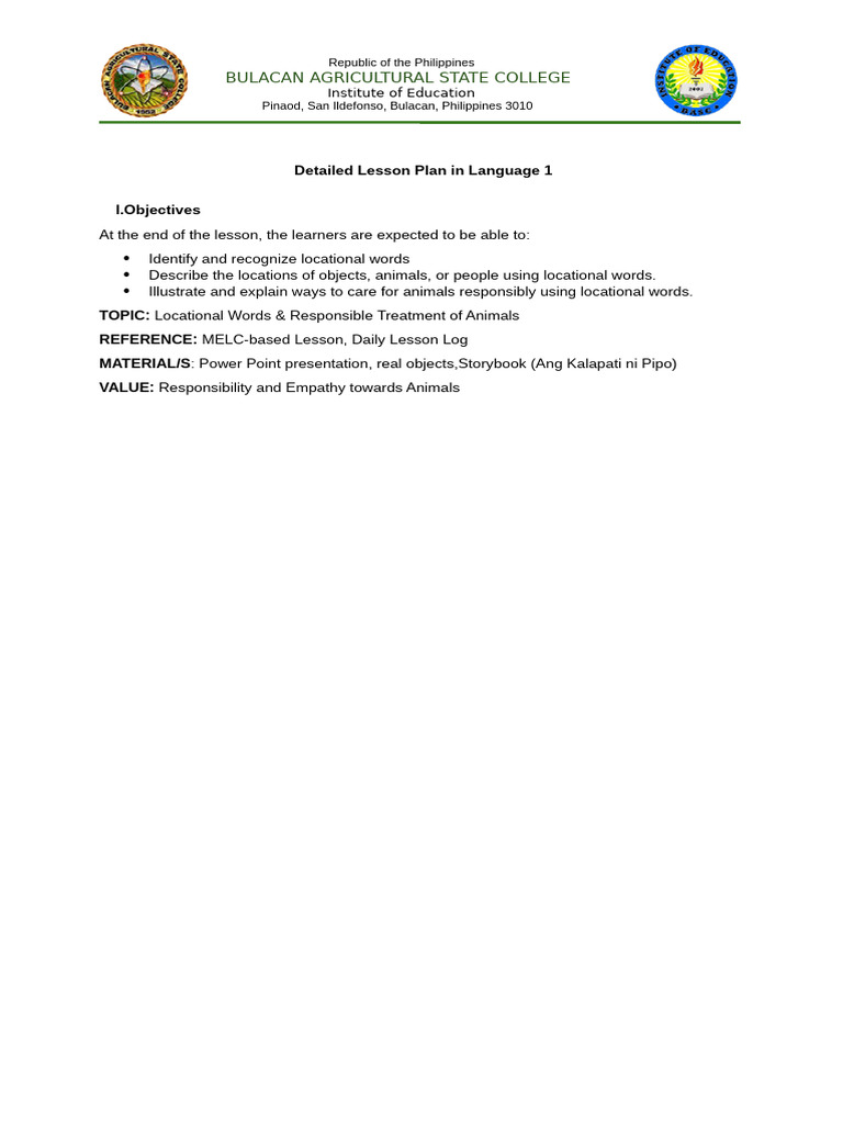 Lesson Plan: Locational Words & Animals | PDF | Lesson Plan | Human ...