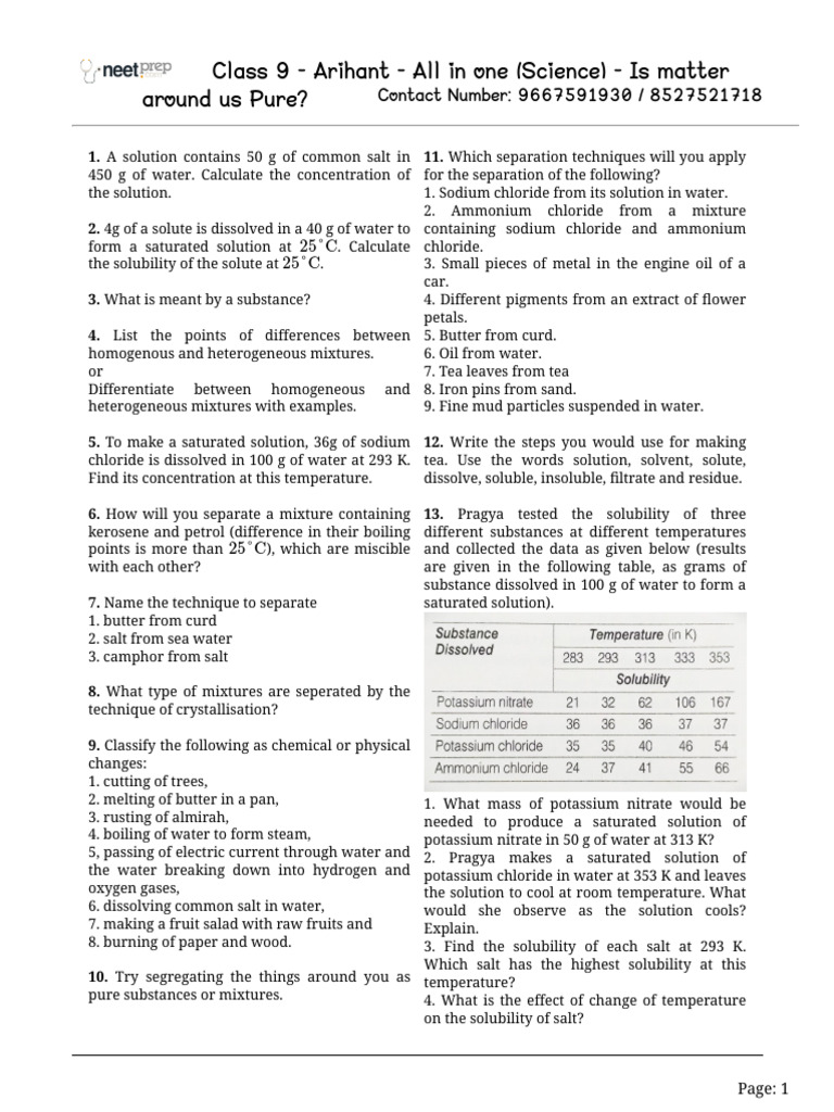Class 9 Science: Mixtures & Solutions Guide | PDF | Solubility | Mixture