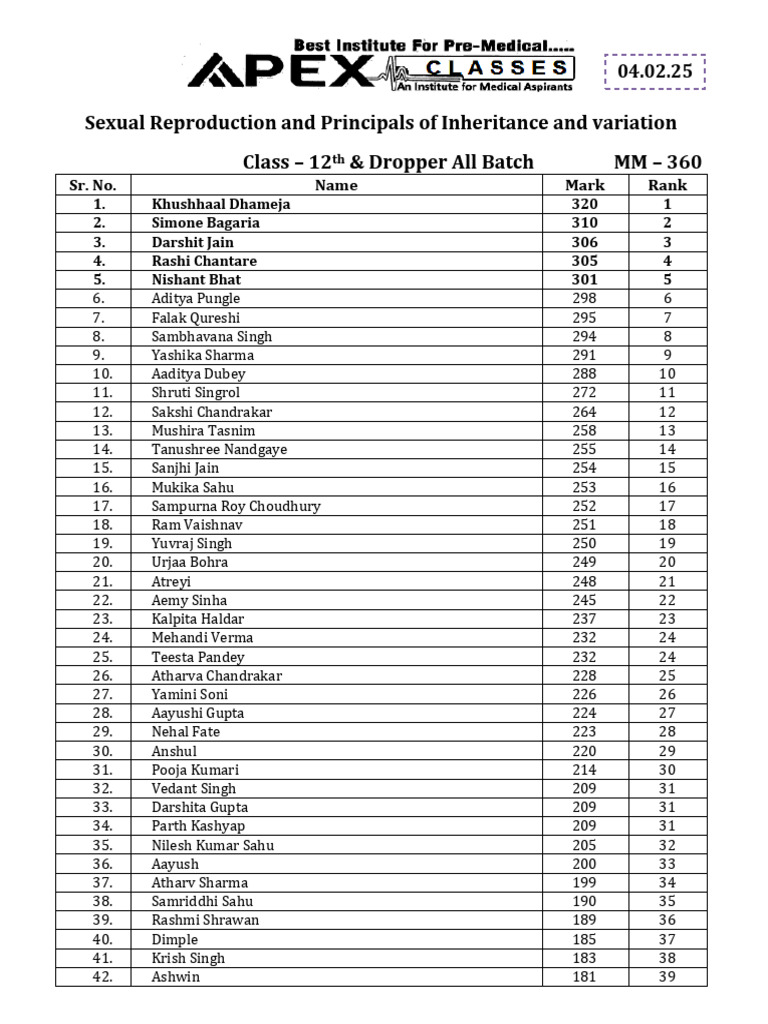 Sexual Reproduction and Principals of Inheritance and Variation XII and DE All Batch 04.02.25 | PDF