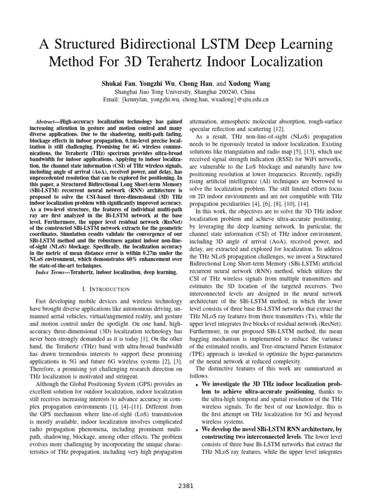 A Structured Bidirectional Lstm Deep Learning Method For 3d Terahertz Indoor Localization Pdf
