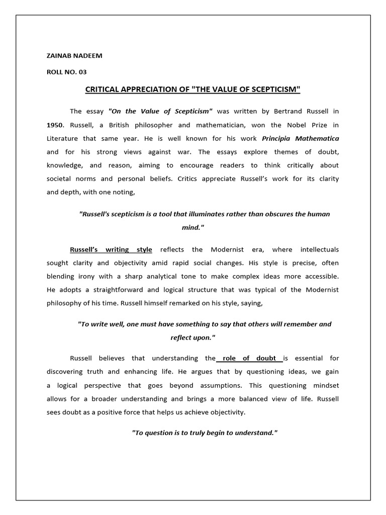 CRITICAL APPRECIATION | PDF | Skepticism | Bertrand Russell
