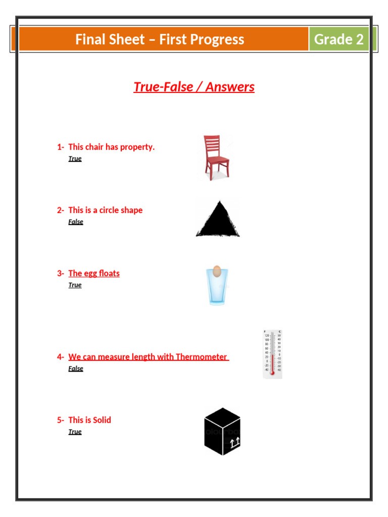 Grade 2 Final Sheet - First Progress: True-False / Answers | PDF