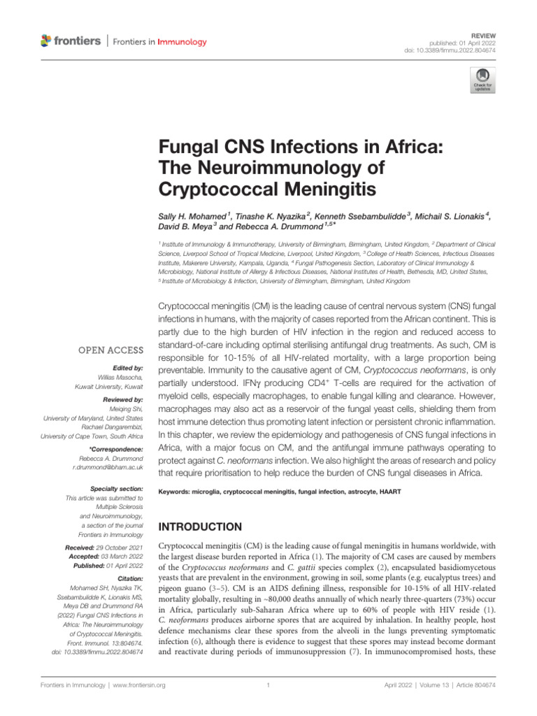 Fungal CNS Infections in Africa The Neuroimmunology of Cryptococcal ...