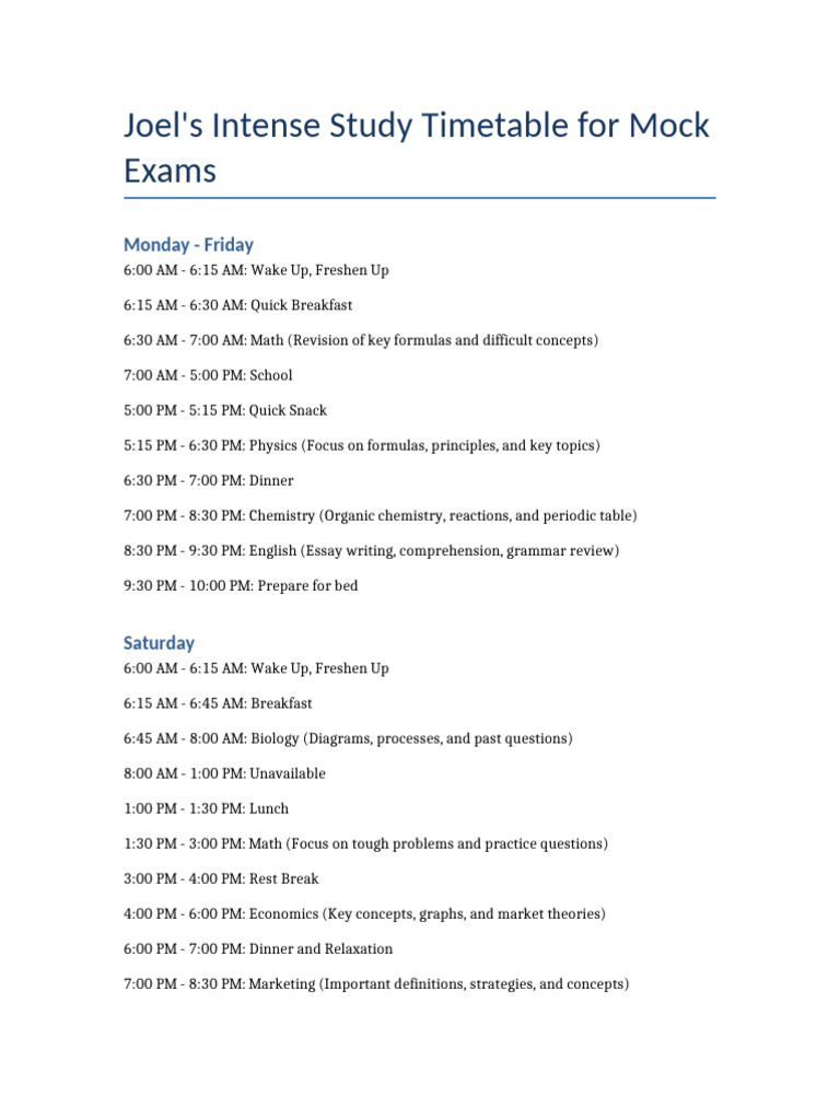 Joel Intense Mock Timetable | PDF