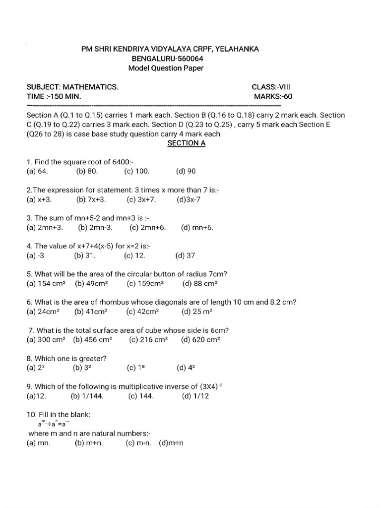 Model Question Paper Class-VIII | PDF