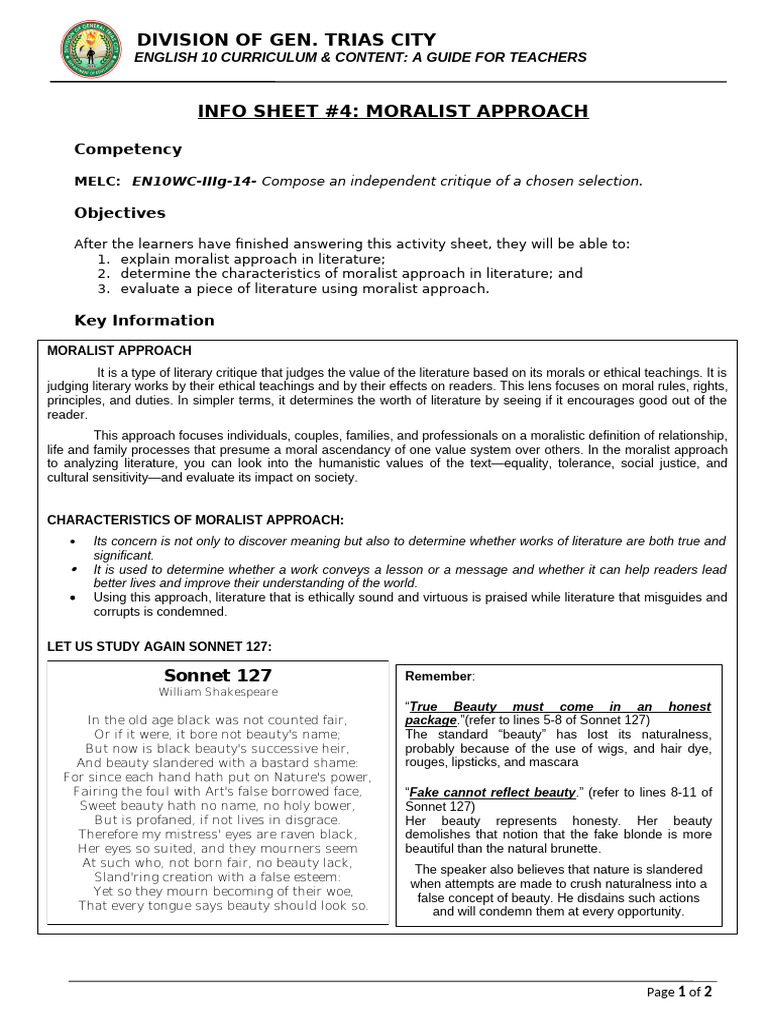 Info Sheet g10 QRTR 3 Lesson 4 Moralist | PDF | Liberal Arts Education