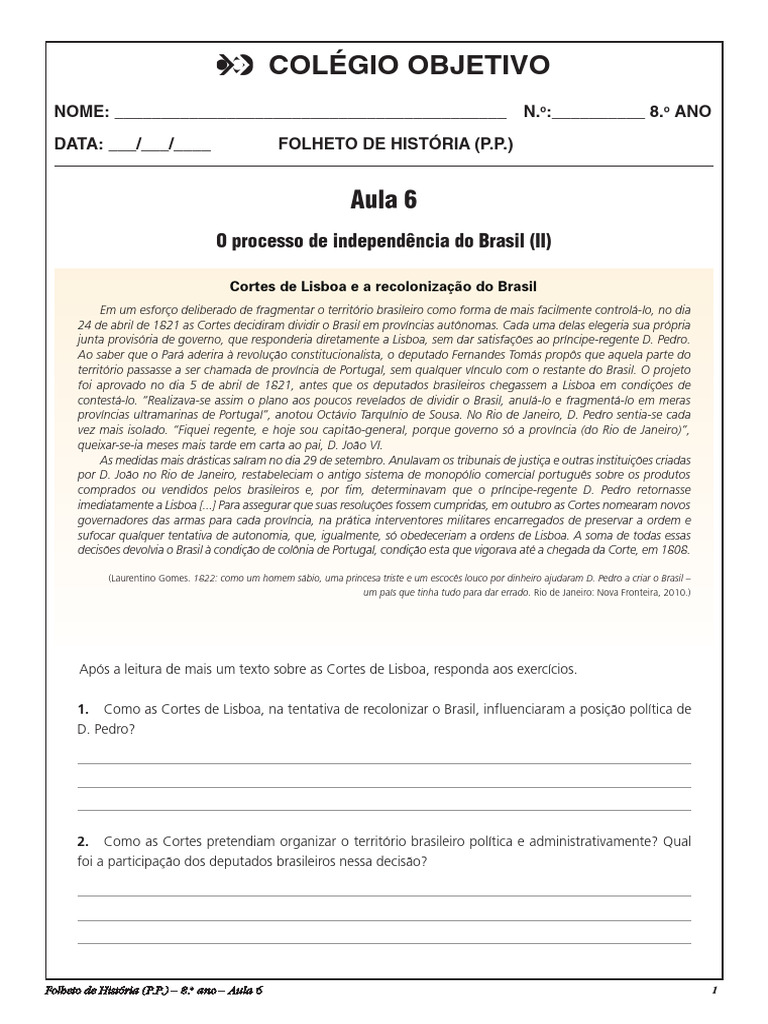 Folheto PP 8ano Historia Aula6 | PDF | Brasil | Portugal