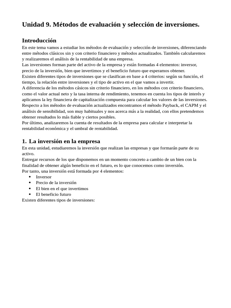 Unidad 9. Métodos de Evaluación y Selección de Inversiones. B | PDF | Tasa interna de retorno ...