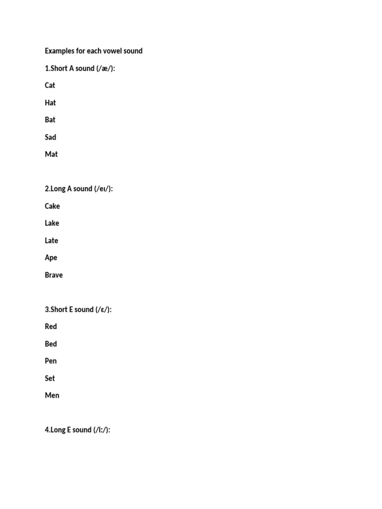 Examples For Each Vowel Sound | PDF