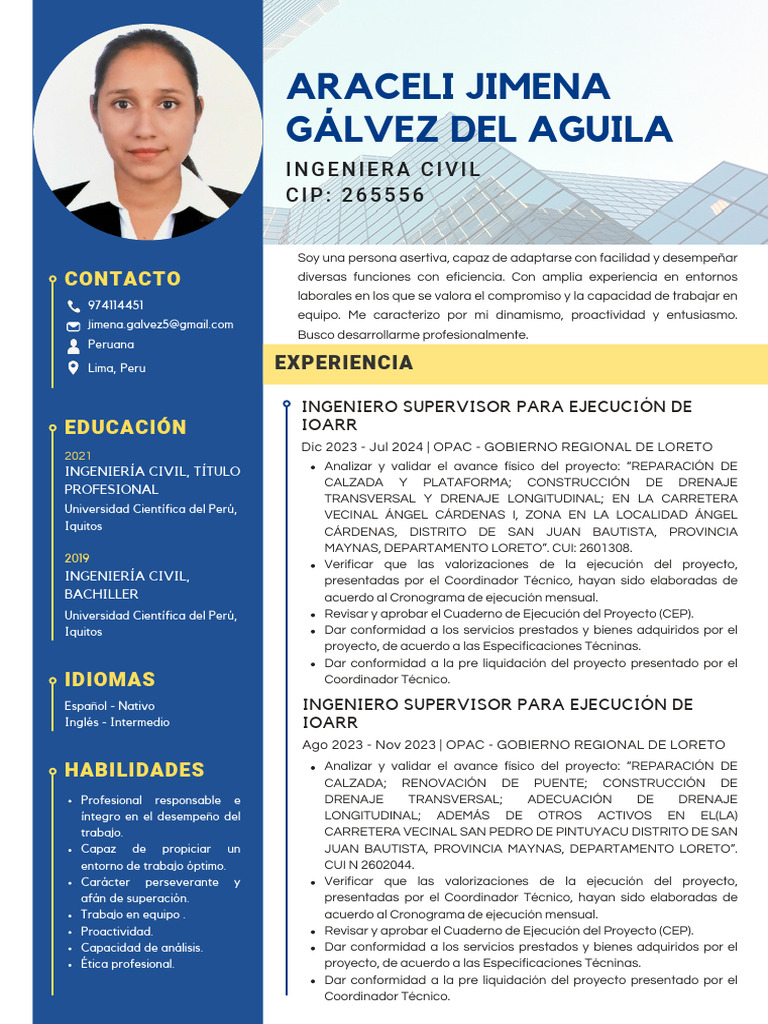 CV - Araceli Galvez Del Aguila. Lima 2024 | PDF | Perú | Ingeniero civil