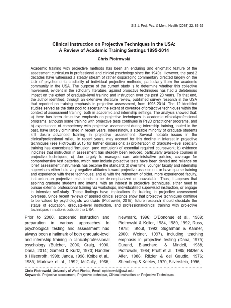 Clinical Instruction On Projective Techniques in The USA A Review of Academic Training Settings ...
