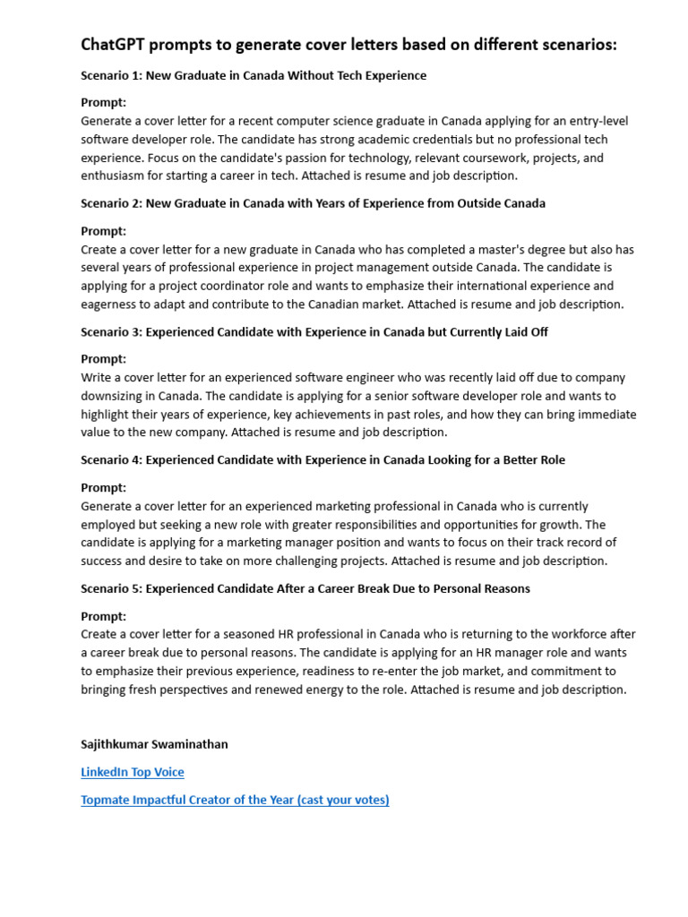 Cover Letter Prompts for Graduates & Pros | PDF | Layoff