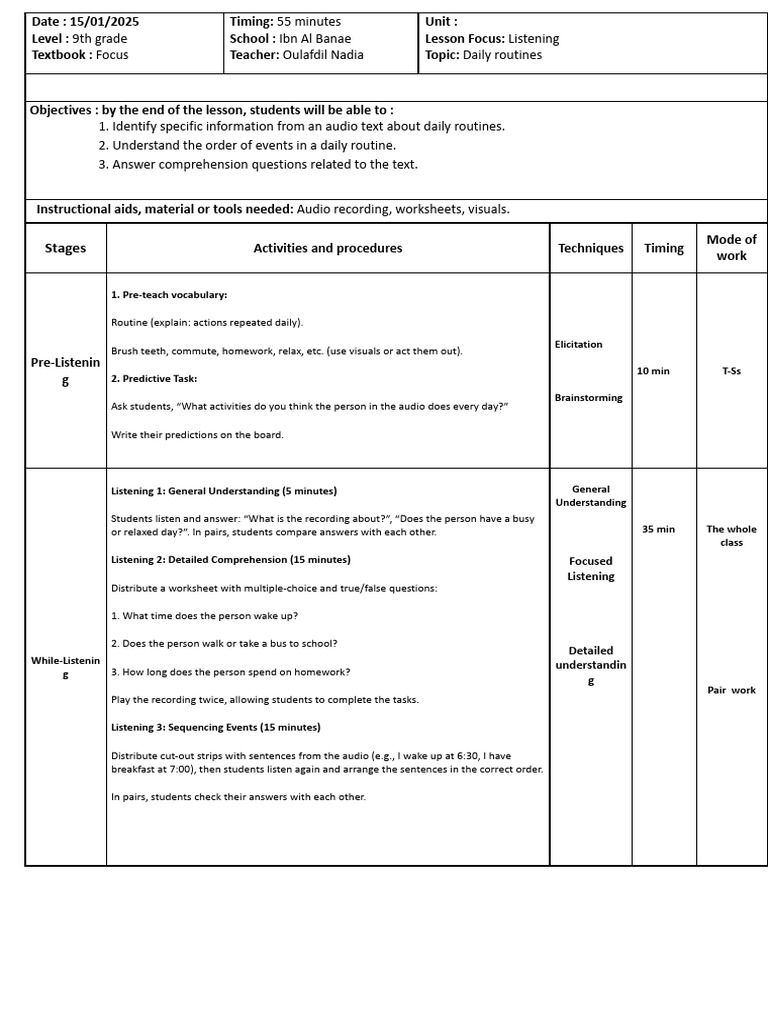 lesson plan Listening | PDF | Reading Comprehension | Lesson Plan