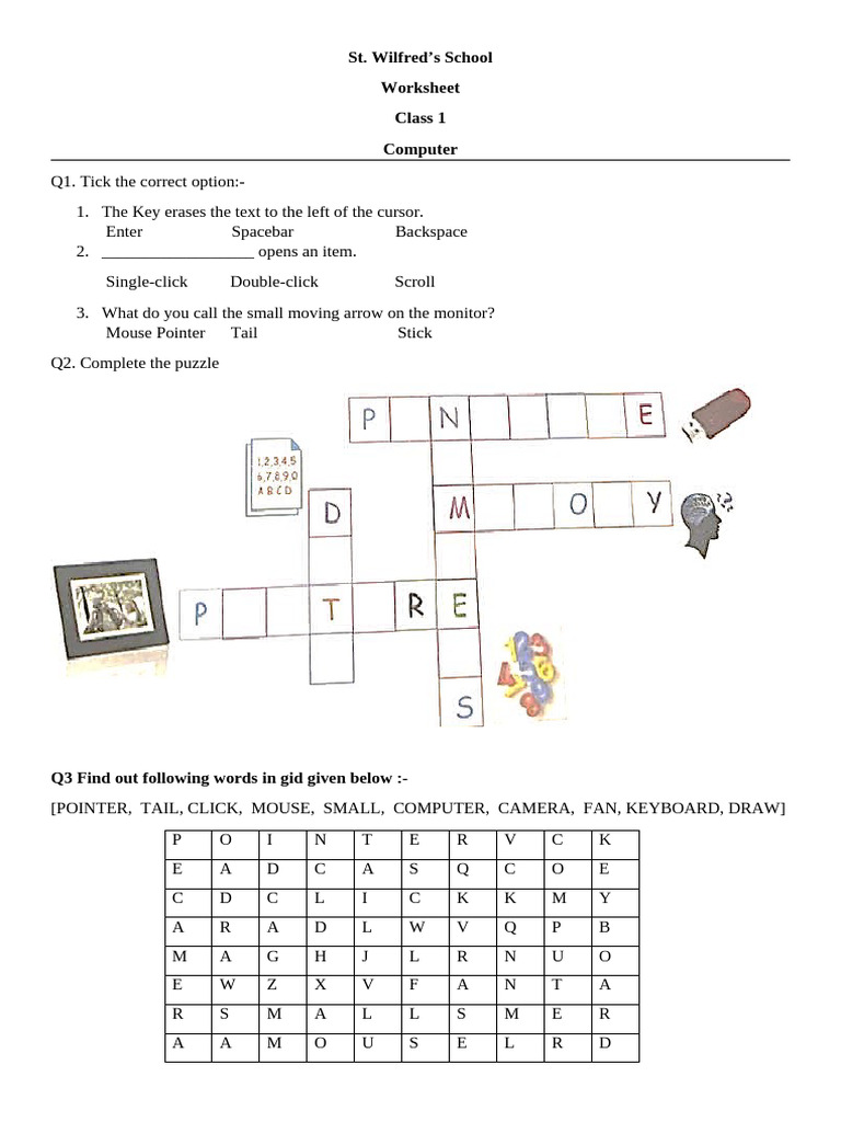 Worksheet Class1 Computer | PDF | Cursor (User Interface) | Computer Keyboard