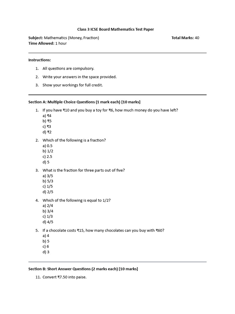 Class 3 ICSE Board Mathematics (Money + Fractions) Test Paper | PDF