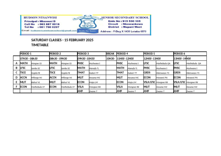 Saturday 15 Feb Timetable | PDF
