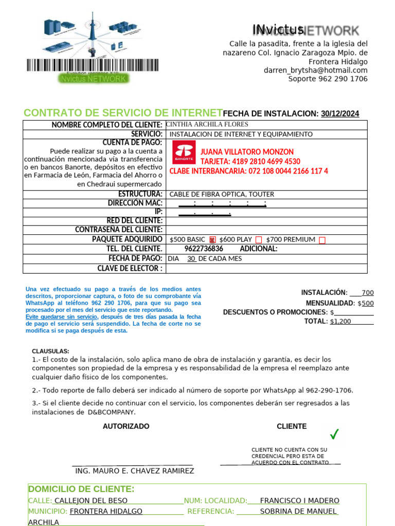 Recibo de Instalacion de Internet Invictus - Docx Sgertyetyu | PDF ...