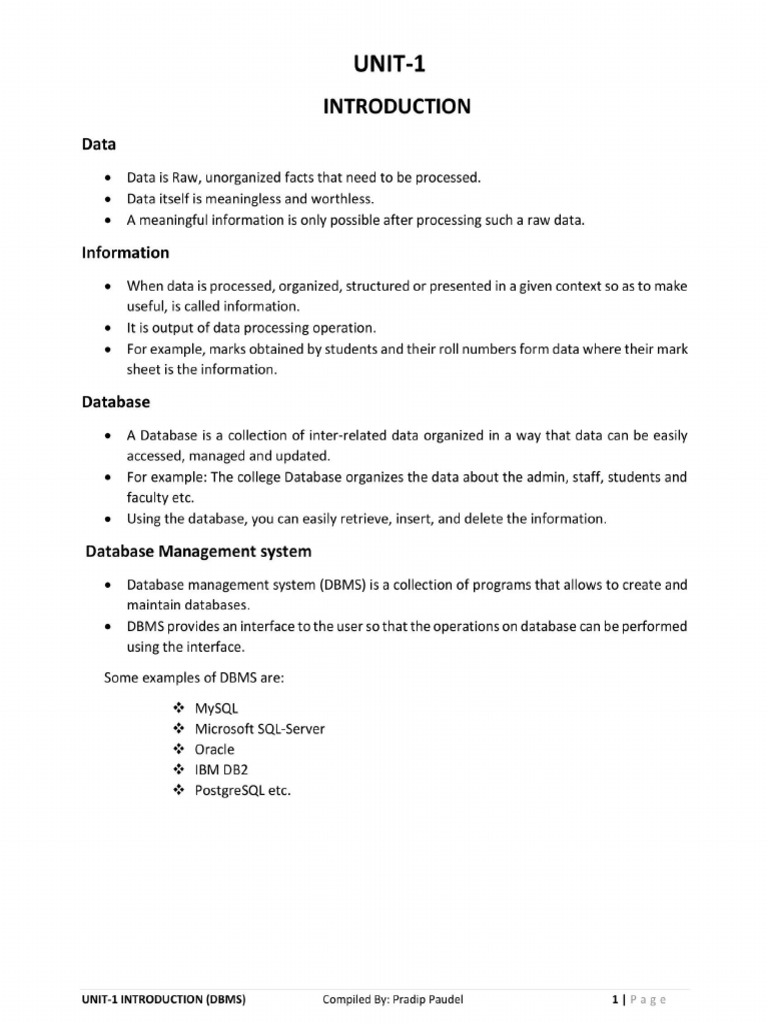 Unit 1 (DBMS) | PDF
