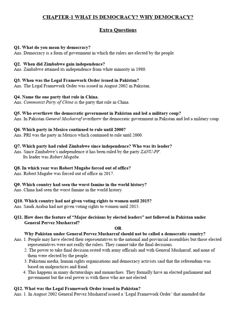 Ch-1 What Is Democracy Why Democracy (Extra Questions) | PDF ...