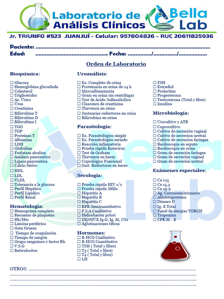 Orden de Laboratorio Completa | PDF | Orina | Especialidades Medicas