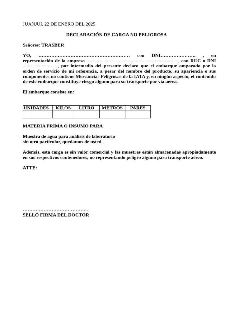 Declaración de Carga No Peligrosa 2025 | PDF