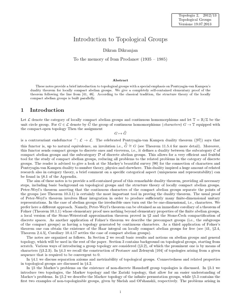 Dikranjan Introduction To Topological Groups | PDF | Group (Mathematics) | General Topology