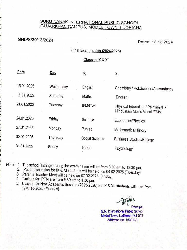 Final Date Sheet IX and XI | PDF