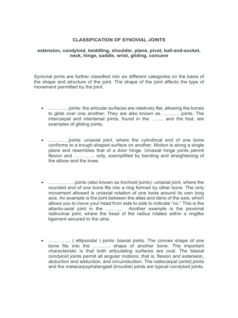 Classification of Synovial Joints | PDF | Joint | Anatomical Terms Of ...