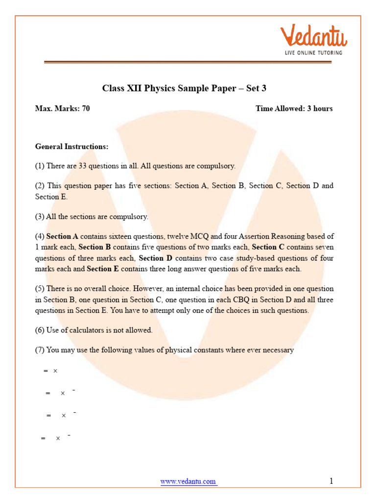 Class 12 Physics Sample Paper Set 3 | PDF | Electronvolt | Electrical Resistivity And Conductivity