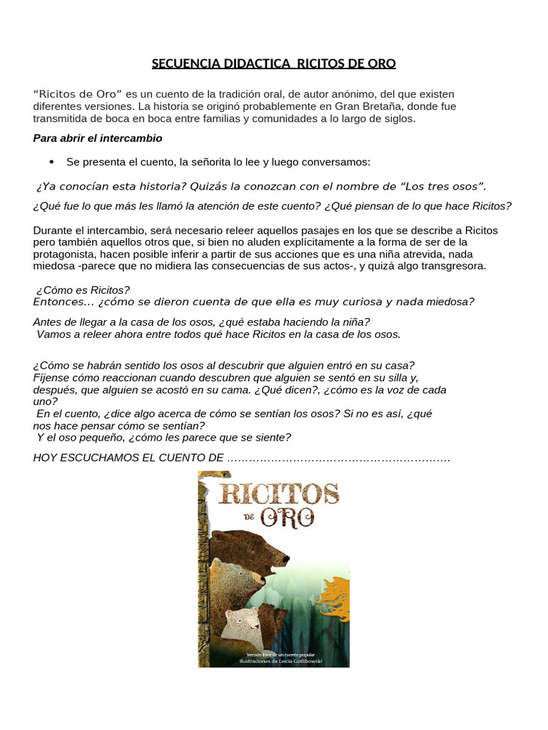 Secuencia Didáctica: Ricitos de Oro | PDF | Ricitos de oro y los tres osos