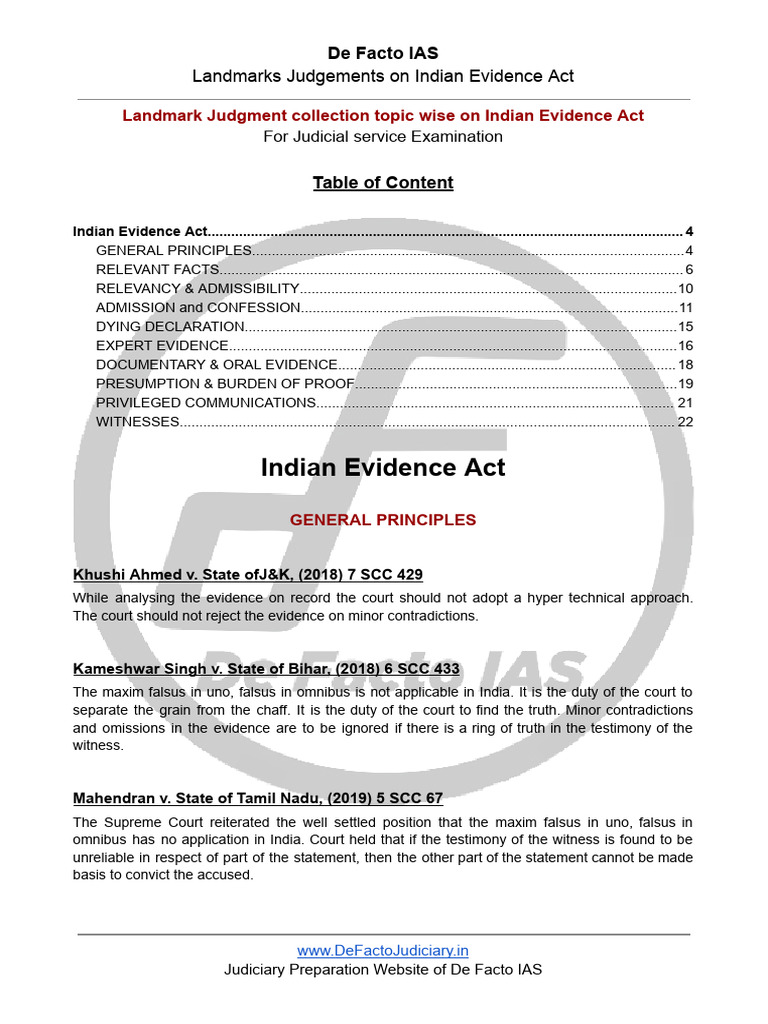 Landmark Judgments on Indian Evidence Act | PDF | Evidence (Law ...
