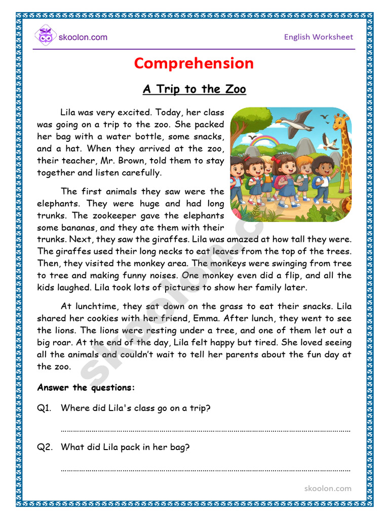 G3 English Comprehension A Trip To The Zoo 739 | PDF