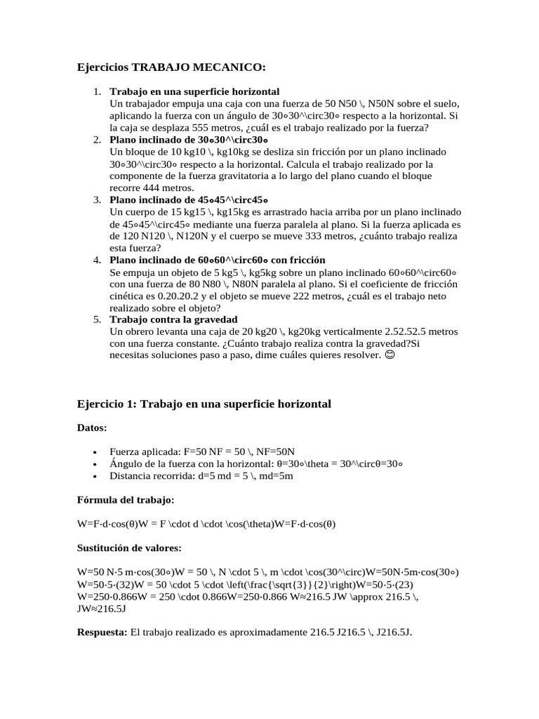 Ejercicios TRABAJO MECANICO | PDF | Fricción | Fuerza